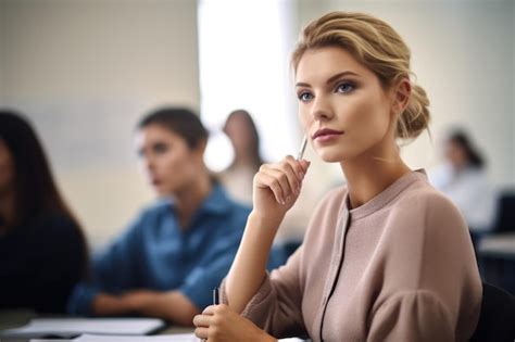 Premium AI Image Shot Of An Attractive Woman Sitting In Class And Taking Notes Created With
