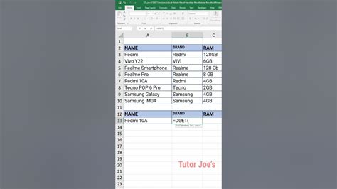 Dget Functions In Excel Excel Formula Tutor Joes Youtube