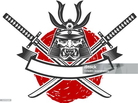 사무라이 헬멧과 교차 카타나 검엠의 엠블럼 라벨 기호 포스터 티셔츠에 대한 디자인 요소 벡터 일러스트레이션 일본에 대한 스톡