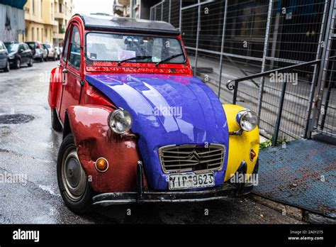 Athens Greece December 31 2018 Red Yellow And Blue Citroen 2cv