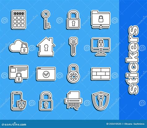 Set Line Shield With Key Bricks Lock On Computer Monitor Screen House Under Protection Cloud