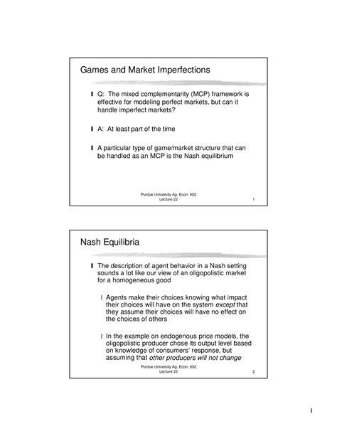 Games And Market Imperfections And Nash Equilibria Lecture Slides