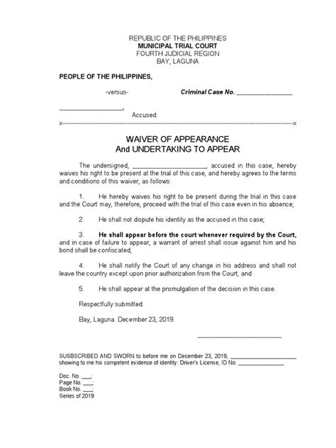 Template Waiver Of Appearance With Undertaking To Appear Pdf