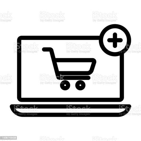 쇼핑 라인 아이콘을 추가합니다 장바구니가있는 노트북이 들어 있고 아이콘을 추가하십시오 전자 상거래 상점과 관련된 아이콘 그림입니다 간단한 벡터 디자인 편집 가능 32 X