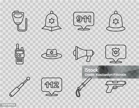 세트 라인 텔레스코픽 지휘봉 권총 또는 총 전화 통화 911 112 워키 토키 배지와 보안관 모자 경찰 고무와 아이콘 벡터 강철에 대한 스톡 벡터 아트 및 기타 이미지