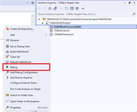 Mengonfigurasi Sesi Penelusuran Kesalahan Cmake Di Visual Studio