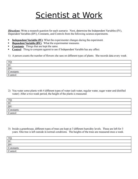 Experimental Variables Worksheet Scientist At Work Directions Write A Research Question For