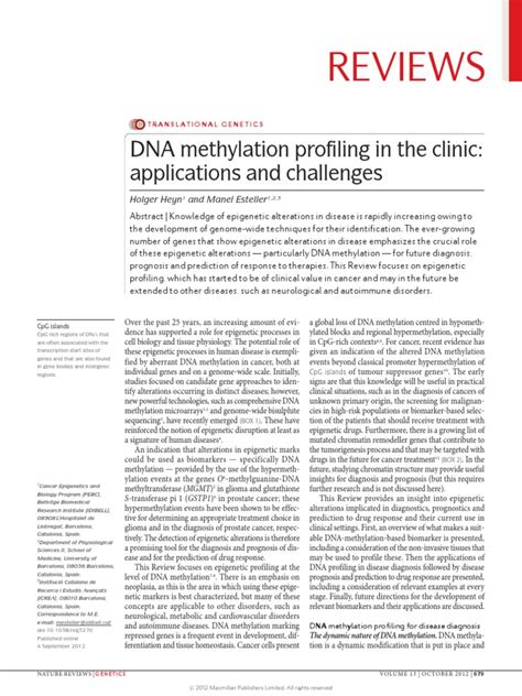 Reviews Dna Methylation Profiling In The Clinic Applications And Challenges Pdf Dna