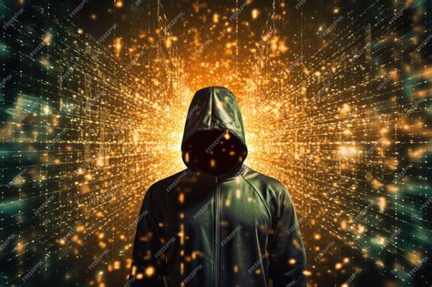 Premium Photo Back View Of Hacker Standing In Front Of Glowing Binary