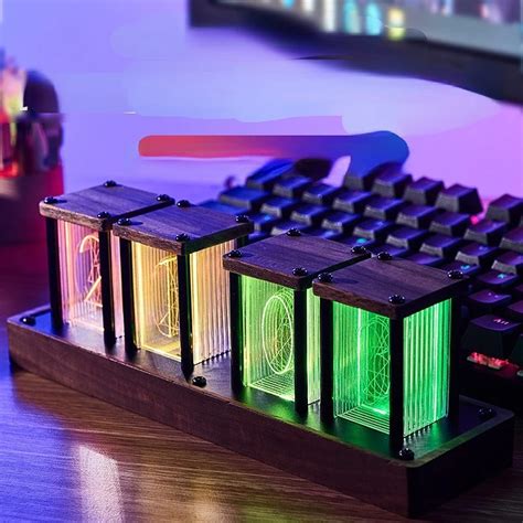 Cyberpunk Style Table Nixie Tube Clock RGB Glow Tube Clock Walnut Wood Base LED Electronic