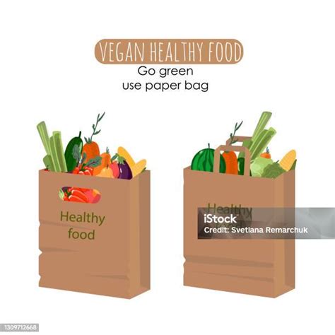 친환경 생활을 위한 채소와 과일이 담긴 종이 쇼핑백 비건 제로 폐기물 개념 배너 카드 포스터에 대한 다채로운 손으로 그린 벡터 일러스트레이션 플라스틱에 아니오라고 말 가방에