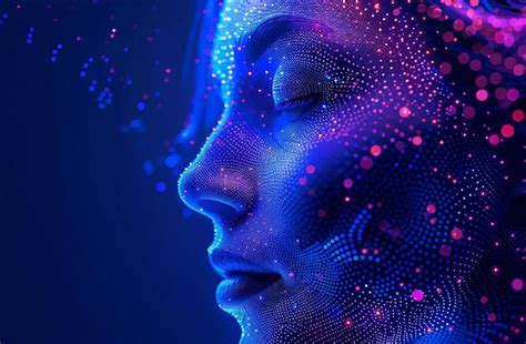 Abstract Digital Human Head Made From Dots In Neon Colors Artificial Intelligence Neural Network