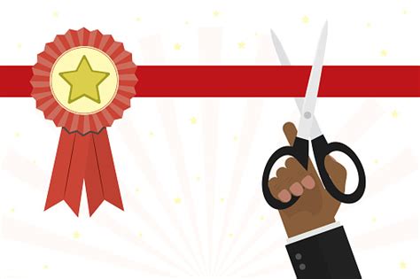 만화 손은 메달을 가진 빨간 리본을 잘라 가위를 사용합니다 의식 행사 그랜드 오프닝 프리젠 테이션 수평 배너 디자인 템플릿 격리