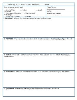 Primary Source Document Analysis Form By Tim Wulf TPT
