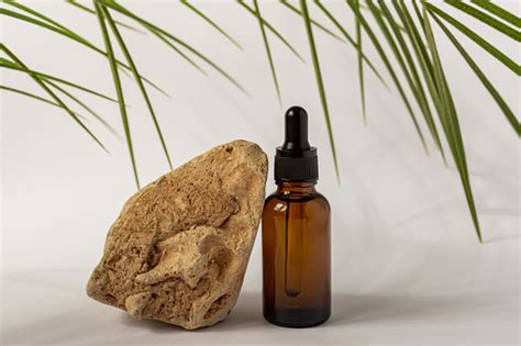 돌과 열대 잎이있는 회색 배경에 드롭퍼가있는 어두운 유리 화장품 병 천연 화장품 컨셉 천연 에센셜 오일 및 스킨 케어 제품 0명에 대한 스톡 사진 및 기타 이미지 Istock