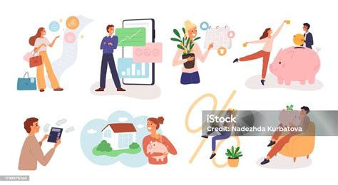 금융 문맹 퇴치 및 관리 예산 수입을 계획하는 사람들 적절한 돈 분배 사람들은 다양한 삶의 영역에 투자합니다 저금통 모기지 지불 화려한 벡터 세트 금융 문해력에 대한 스톡