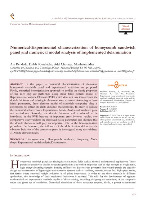 Pdf Numerical Experimental Characterization Of Honeycomb Sandwich Panel And Numerical Modal