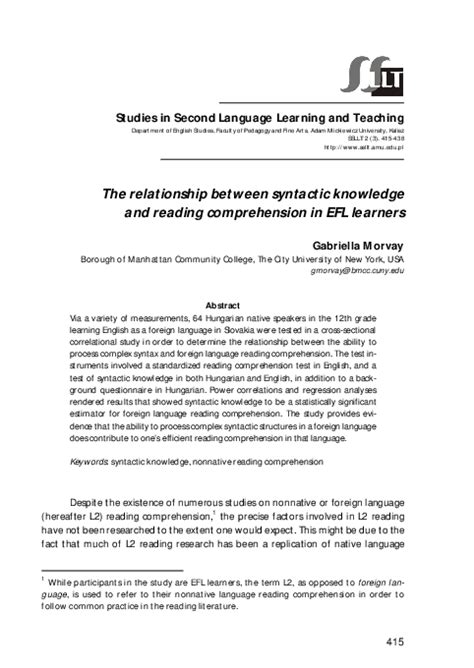 Pdf The Relationship Between Syntactic Knowledge And Reading Comprehension In Efl Learners