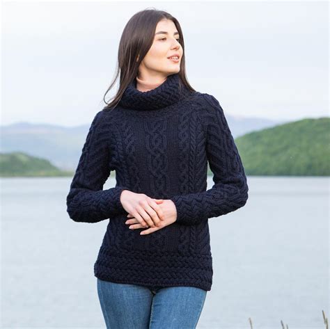 Traditional Ladies Funnel Neck Aran Sweater Tara Irish Clothing