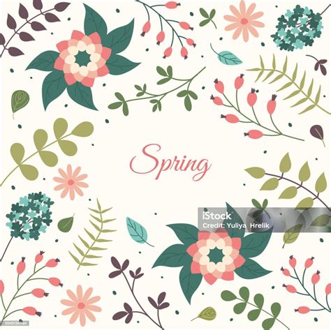 봄 인사말 카드 손으로 그린 꽃과 나뭇잎 안녕하세요 봄 꽃 배경입니다 포스터 또는 소셜 미디어 게시물을 위한 벡터 사각형