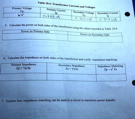 Solved Table 104 Transformer Currents And Voltages Primary Voltage
