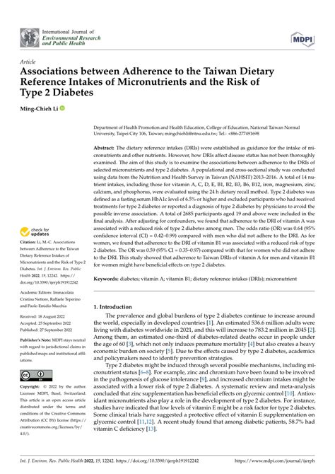 Pdf Associations Between Adherence To The Taiwan Dietary Reference Intakes Of Micronutrients