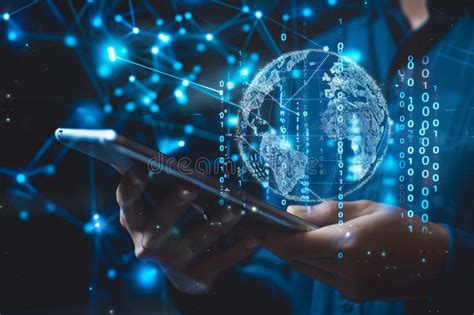 Hand Holding Tablet Global Network Connection Digital Binary Code