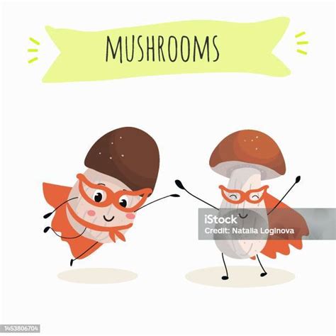 버섯 캐릭터가 있는 그림 재미 있고 건강한 음식 비타민 귀여운 얼굴을 가진 음식 재료 채식주의 벡터 만화 산화 방지 숲 가을 수확 Boletus에 대한 스톡 벡터 아트 및