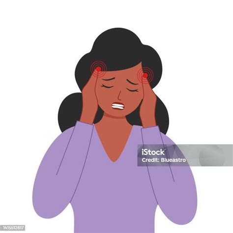 흰색 배경에 평평한 디자인으로 편두통 증상을 보이는 아프리카 여성 두통에 대한 스톡 벡터 아트 및 기타 이미지 두통 여자