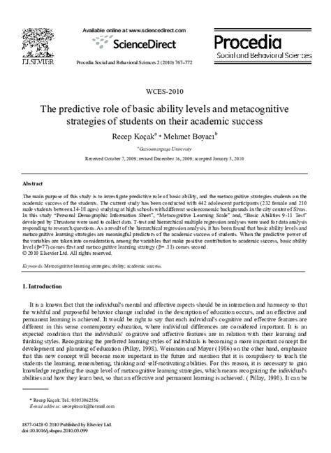 pdf the predictive role of basic ability levels and metacognitive