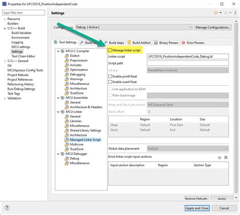 Disabled Managed Linker Scripts Mcu On Eclipse