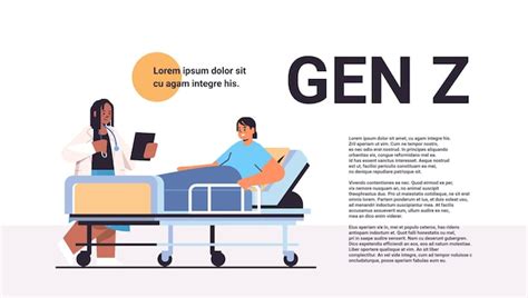 병원 침대 세대 Z 라이프 스타일 케어 서비스 개념 가로 복사 공간 벡터 일러스트 레이 션에 누워 아픈 남성 환자를 돌보는 간호사 프리미엄 벡터