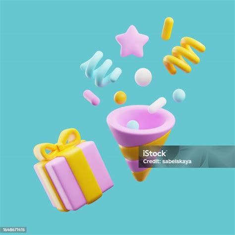 색종이 조각 구불구불한 노란색 리본 활이 있는 분홍색 선물 상자 벡터 선물 휴일 서프라이즈가 있는 3d 파티 포퍼 재미에 대한 스톡 벡터 아트 및 기타 이미지 Istock