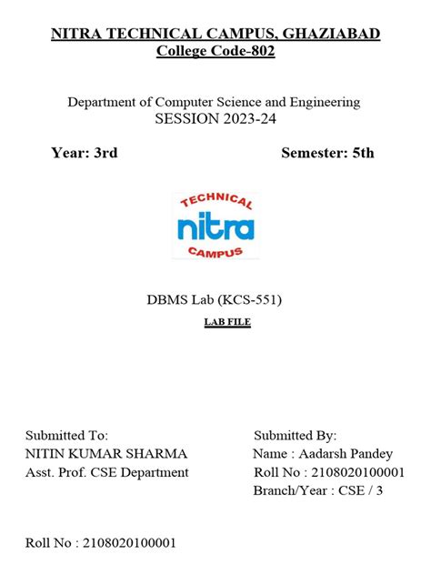 dbms lab file 2023 24 cse 074538 pdf data management software sql