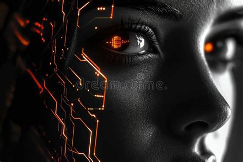 Human Face Merging Glowing Digital Circuits Futuristic Technology