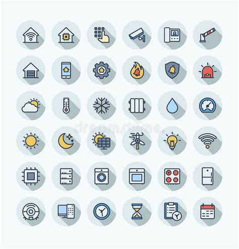 Vector Flat Color Thin Line Icons Set With Home Smart House Outline