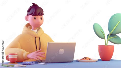 Portrait Of Successful Asian Programmer Guy In Yellow Hoodie Uses
