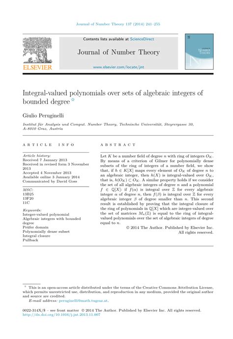 Pdf Integral Valued Polynomials Over Sets Of Algebraic Integers Of Bounded Degree