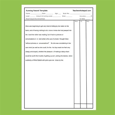 Running Record Template Teachers Notepad