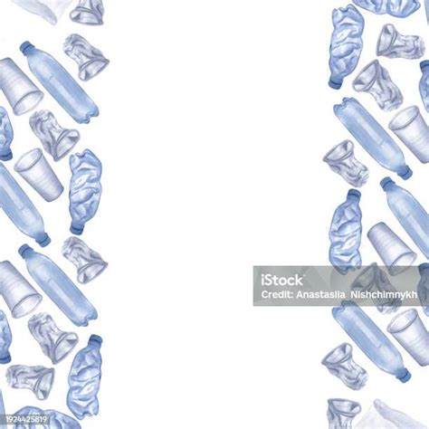 플라스틱 쓰레기가 있는 프레임 일회용 파란색 투명 병과 컵 손으로 그린 수채화 그림 고립 된 배경입니다 생태 포스터 환경 보호 지구의 날 바다 구하기 개념에 대한 스톡 벡터