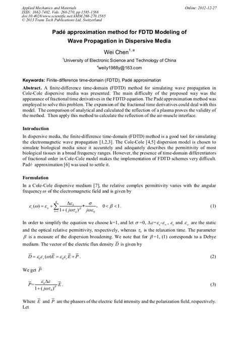Padé Approximation Method For Fdtd Modeling Of Wave Propagation In Dispersive Media Scientificnet