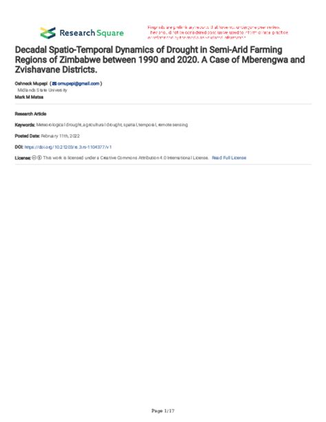Pdf Decadal Spatio Temporal Dynamics Of Drought In Semi Arid Farming Regions Of Zimbabwe