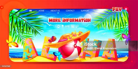 만화 스타일의 알로하 하와이 열대 휴가 웹 템플릿입니다 열대 바다 경치를 배경으로 해변에서 히비스커스 꽃과 나비가 있는 모자에