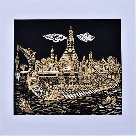 ภาพพิมพ์ทองบนผ้าไหมไทย พื้นดำ รูปเรือสุพรรณหงส์ ขนาด 30 X 30 ซม Shopee Thailand