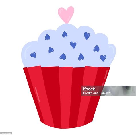종이 몰드에 하트가있는 귀여운 밝은 컵 케이크 달콤한 음식 배경에 고립 된 손으로 그린 벡터 클립 아트 사랑 로맨스의 개념 발렌타인 데이 카드 스티커 소셜 미디어 스크랩북