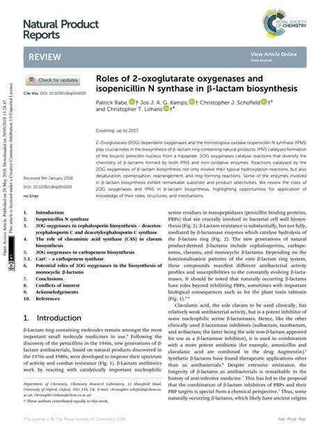 Pdf Roles Of 2 Oxoglutarate Oxygenases And Isopenicillin N Synthase In β Lactam Biosynthesis