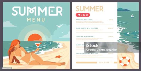열대 해변 배경에 수영복을 입은 아름 다운 소녀와 함께 복고풍 평면 여름 메뉴 디자인 벡터 일러스트 레이 션 해변에 대한 스톡 벡터 아트 및 기타 이미지 Istock