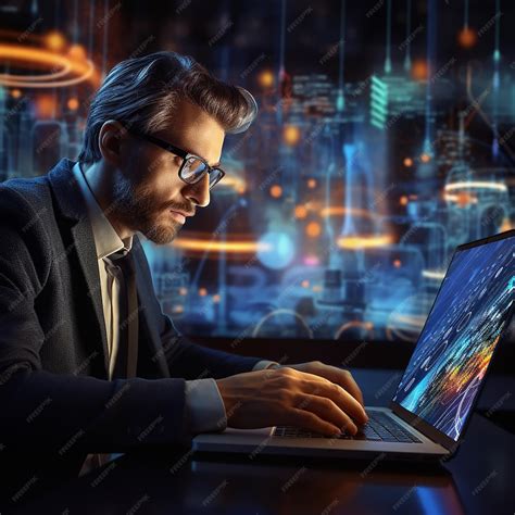 Premium Ai Image Data Scientist Programmer Using Laptop Analyzing Financial Data On Futuristic