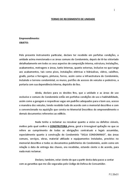 Termo De Recebimento De Obra Pdf Condomínio