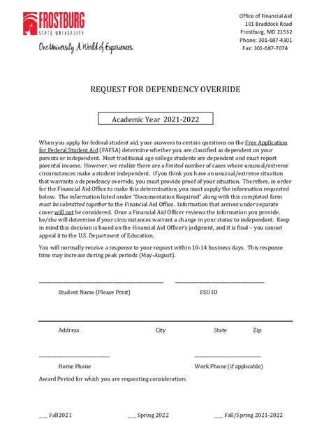 Fillable Online Request For Dependency Override Academic Year Fax Email Print Pdffiller